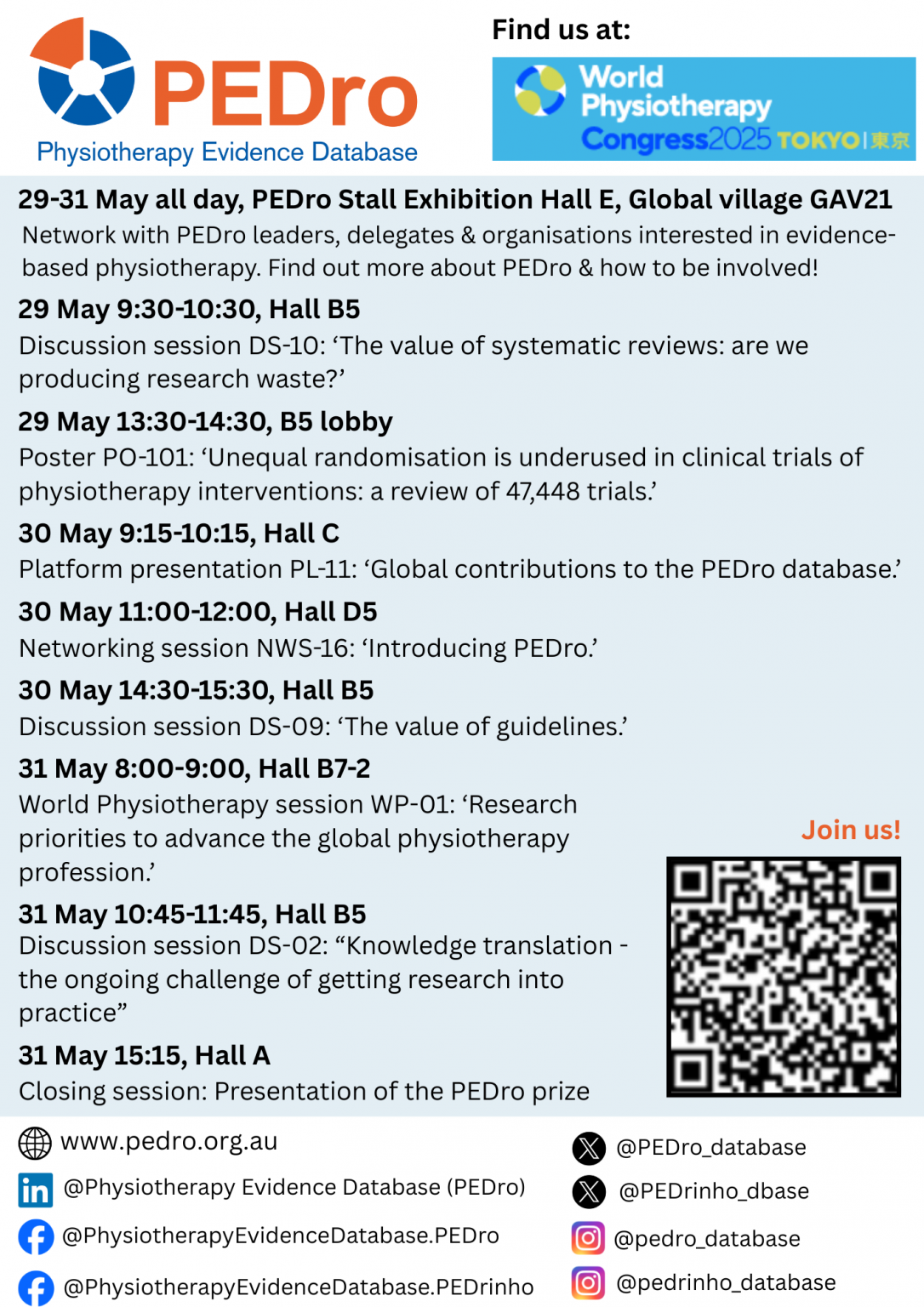 Network with PEDro at the 2025 World Physiotherapy Congress! - PEDro